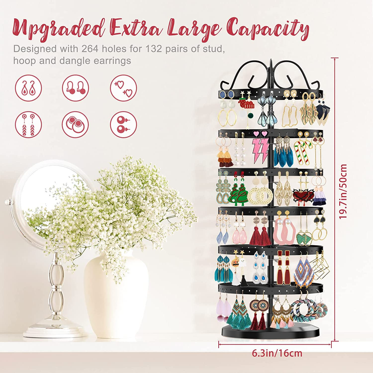 6 Tier Rotating Earring Holder Organizer, Adjustable Metal Earring ...
