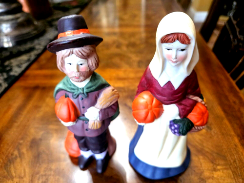 Porcelain Hand Painted 7" Tall Pilgrim Figurines with Thanksgiving ...