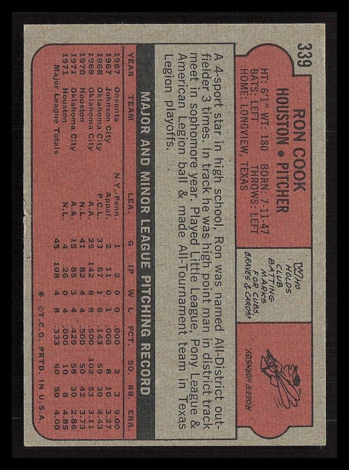 Ron Cook 1972 Topps #339 Houston Astros | eBay