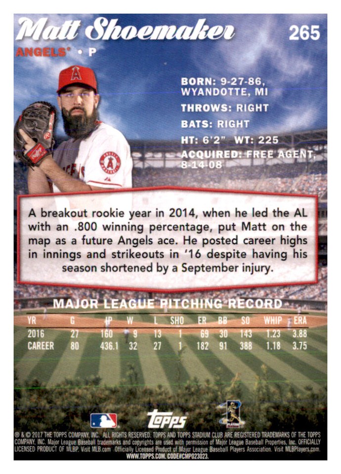 2017 Stadium Club Black Foil Matt Shoemaker MLB Insert Parallel PWE ...