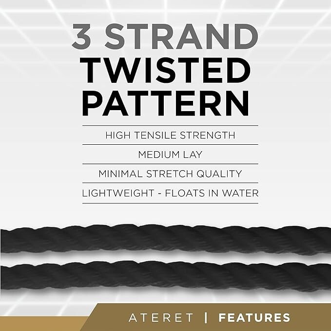 ATERET Twisted 3-Strand Black Polypropylene Rope Monofilament ALL SIZES ...