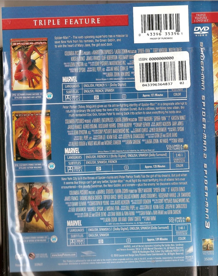 "Spiderman [1] + 2 + 3" (Sony PG-13 3-DVD set) films released 2002-4-7 ...
