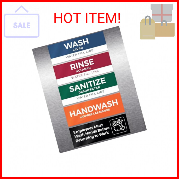 5 Pack Wash Rinse Sanitize Sink Labels, Waterproof Sticker Signs, 3 ...