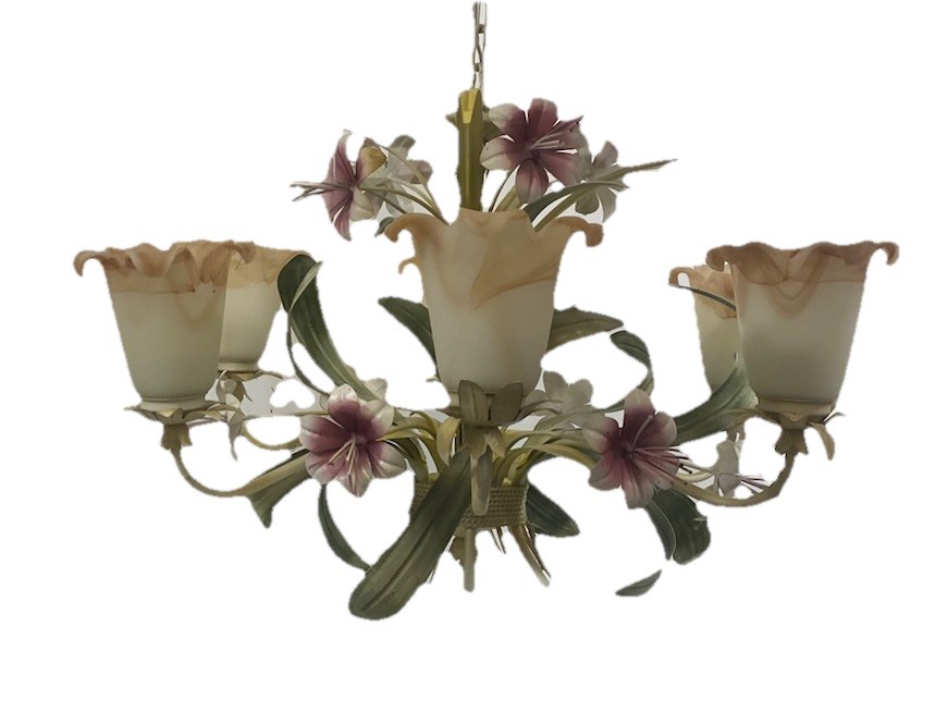 Vintage Toleware 6 Arm Chandelier Girls Room Pink Lilly Floral ...