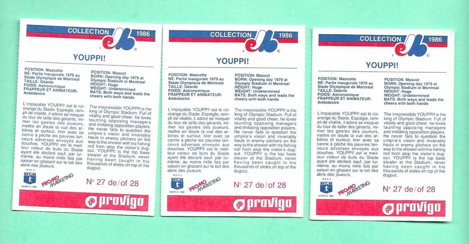 (3) YOUPPI 1986 PROVIGO FOOD EXPOS/CANADIENS CARD (I5259) | eBay