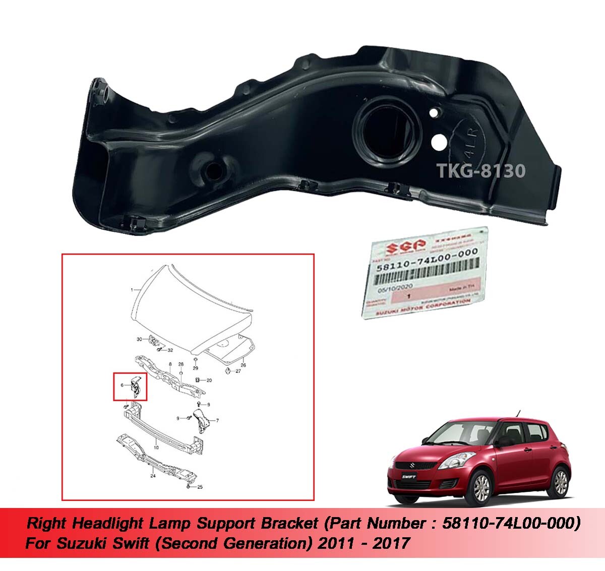 RH Headlight Support Bracket 58110-74L00-000 For Suzuki Swift 2011 ...