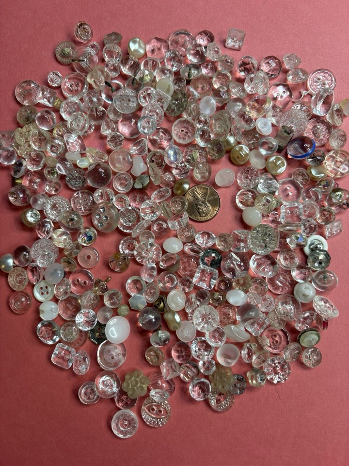8 OZ Vintage Clear Depression Transparent Glass Buttons 1/4"- 1/2" Lot ...