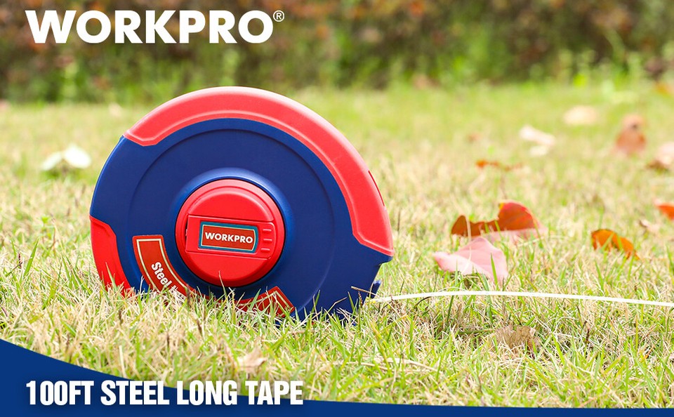 WORKPRO 100 FT Tape Measure Closed Reel Steel with Foldable Handle ...