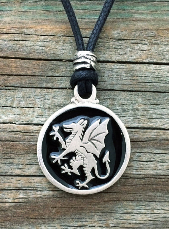 Pewter Medieval Rampant Dragon Pendant with adjustable cotton cord made ...
