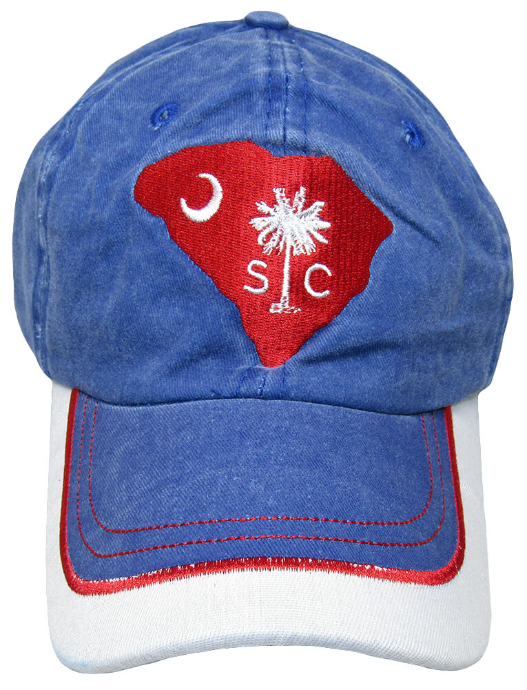 South Carolina Big Red Map Faded Blue Washed Embroidered Baseball Hat ...