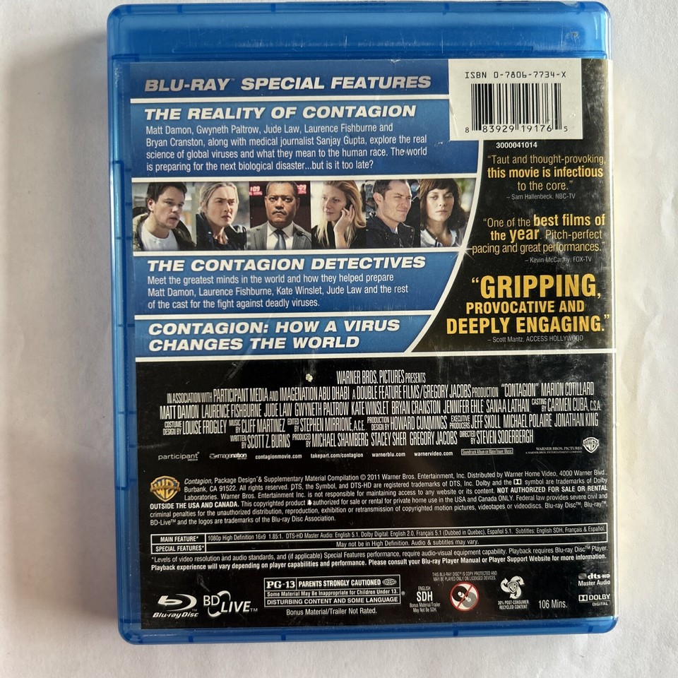 Contagion (Blu-ray/DVD, 2011, 2-Disc set) VG No Digital Free Shipping ...