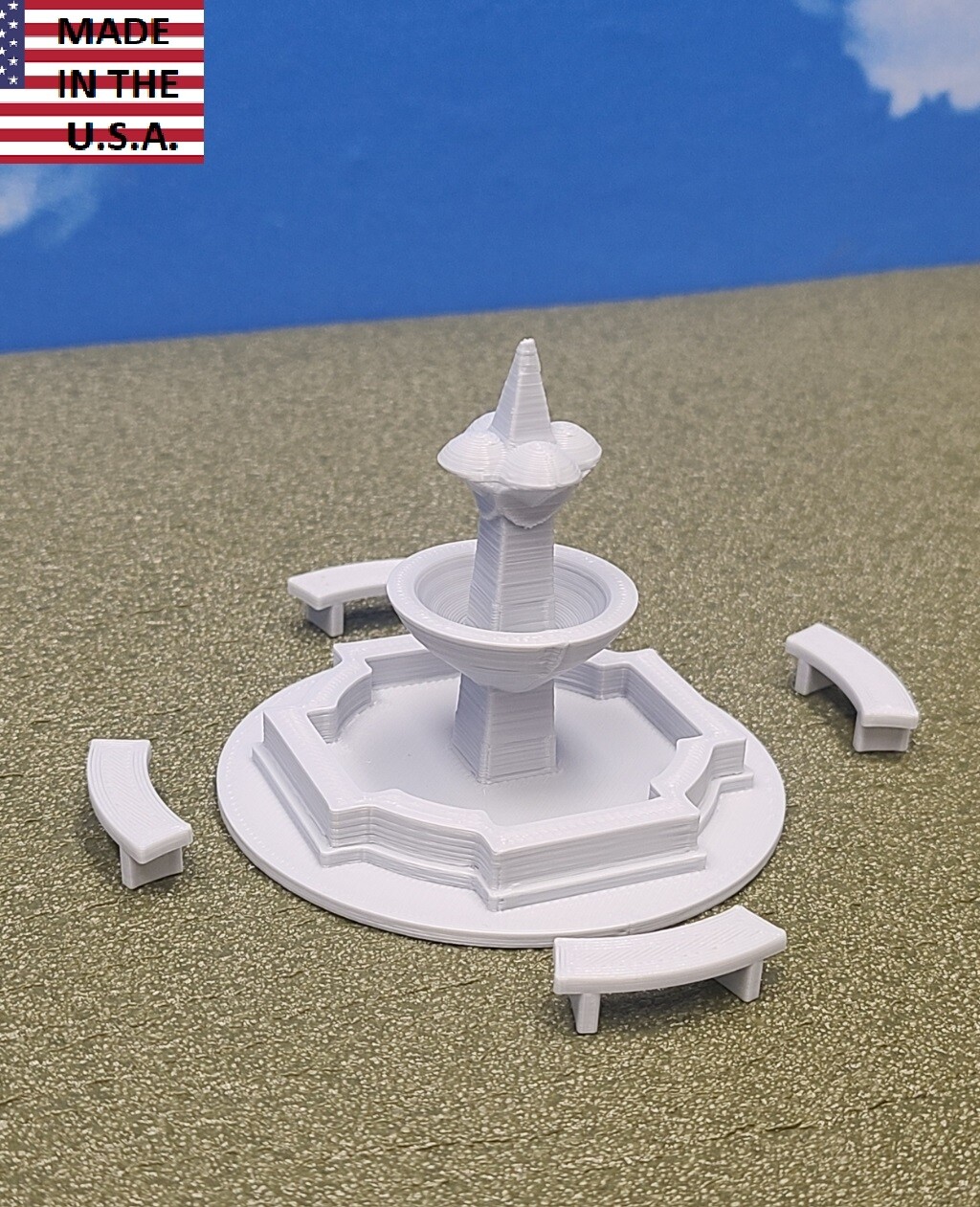 HO Scale Fountain & 4 Curved Benches 1:87 City Park Town Square 20' x ...