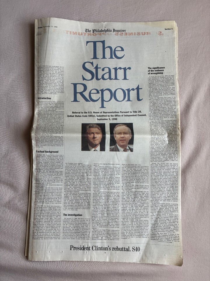 The Starr Report Philadelphia Inquirer Insert Bill Clinton September 13 ...