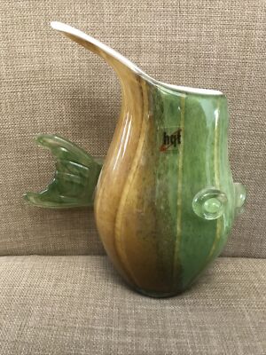 HQT Art Glass Hand Made Home Design Fish Shape Vase Bowl Green Yellow ...
