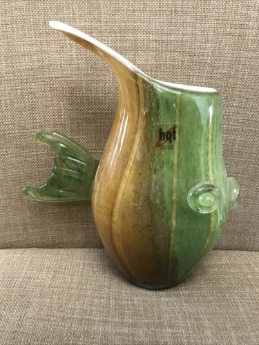 HQT Art Glass Hand Made Home Design Fish Shape Vase Bowl Green Yellow ...