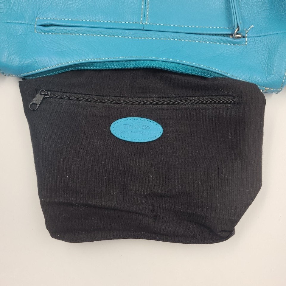 Tig & Co Brown Genuine Leather Small Shoulder Blue Purse White Stich ...