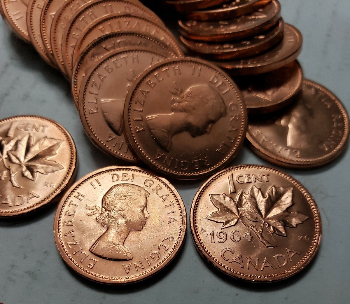 TWO(2) X RED UNC 1964 CANADA CENT QUEEN ELIZABETH II 98% COPPER PENNY ...
