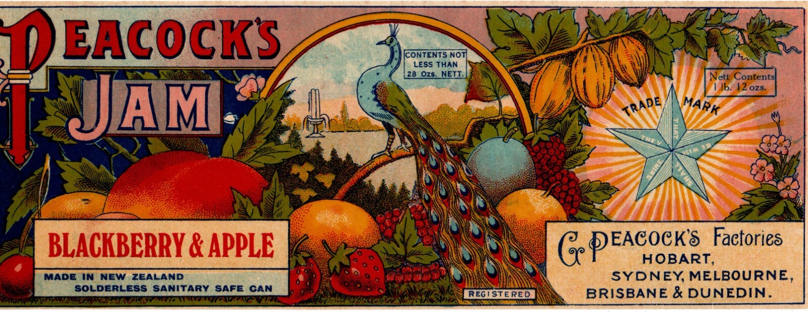 Antique Can label Peacock's Jam Blackberry Apple / New Zealand ...