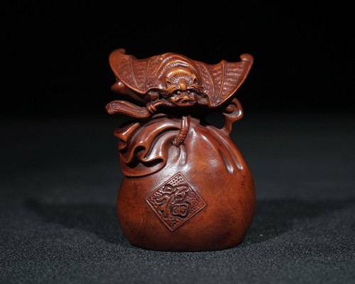 Chinese Antique Boxwood Carving Bat And "Fu" Word Statue Home Decor ...