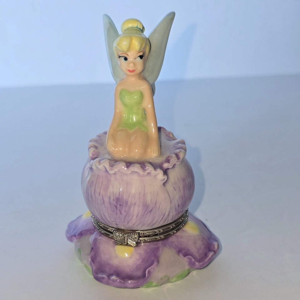 DISNEY STORE 3.75" TINKER BELL ON PURPLE FLOWER PORCELAIN TRINKET BOX ...