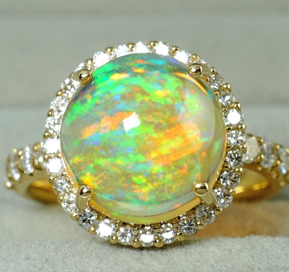 [TOP} 3.72 ct Mexican Natural Water Opal Ring US:6.5 K18YG w/ 0.61 ct ...