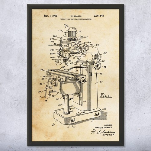 Vertical Milling Machine Patent Wall Art Poster, Canvas or Framed Dad ...