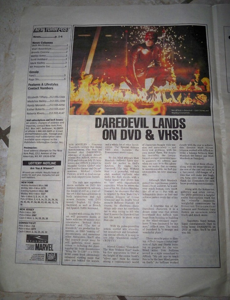 Daredevil DVD Promotional New York Post Newspaper - 2003; Ben Affleck ...