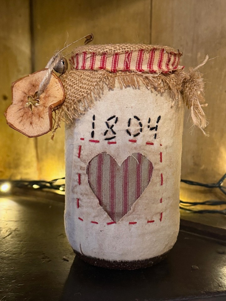 Primitive Handmade Grungy Pantry Jar 1804 Heart Muslin Burlap Shelf ...