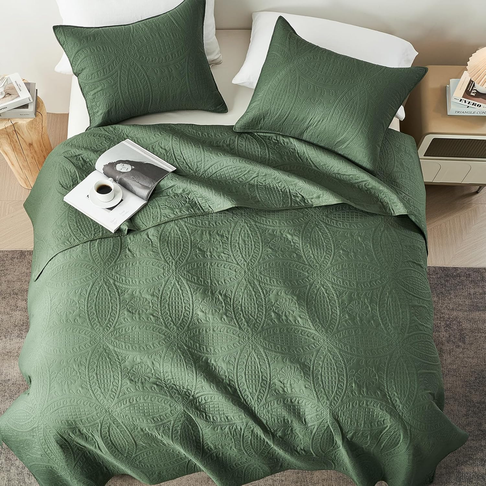 Queen Quilt Bedding Set,Olive Green Ultrasonic Full/Queen Quilt Set ...