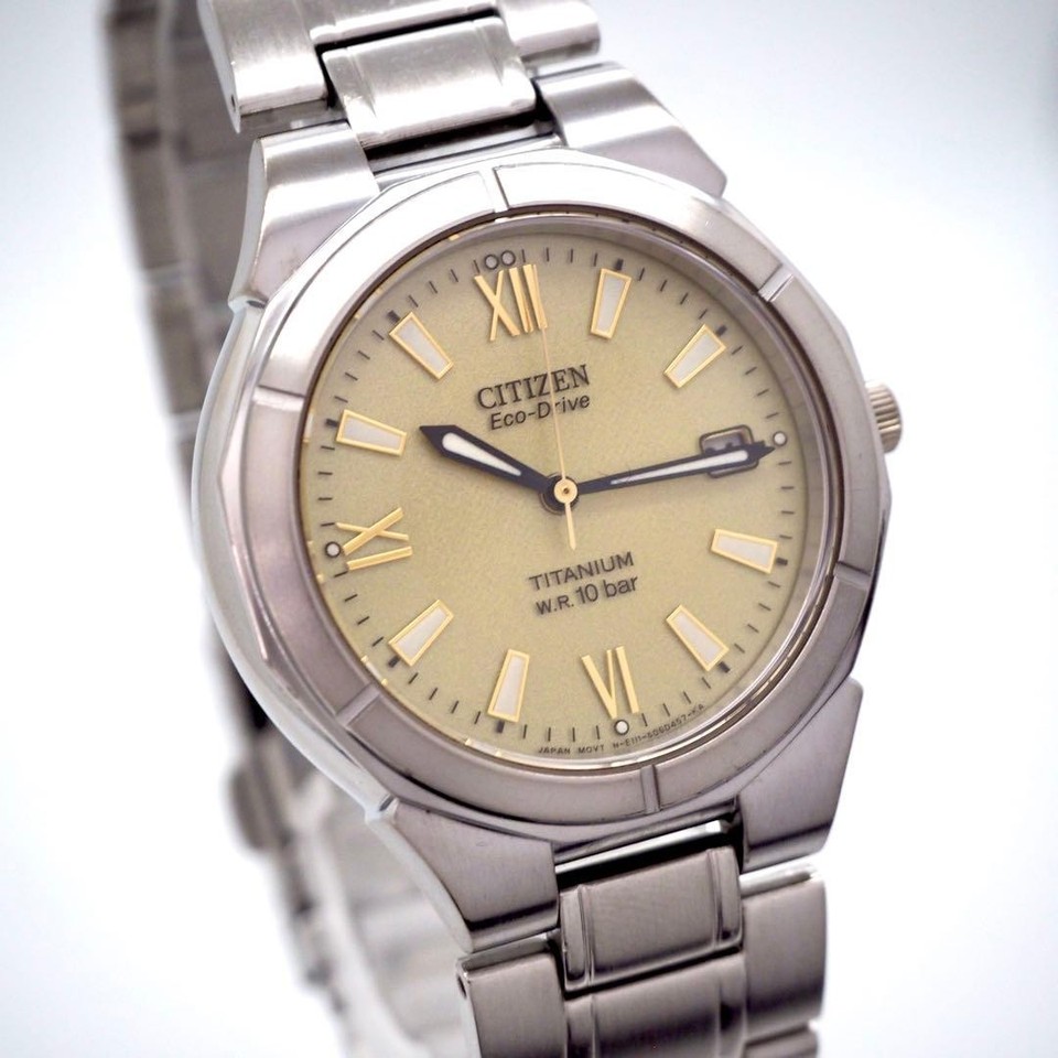CITIZEN Solar Titanium Watch Gold Tone Date 34mm 18cm Wrist Size for ...