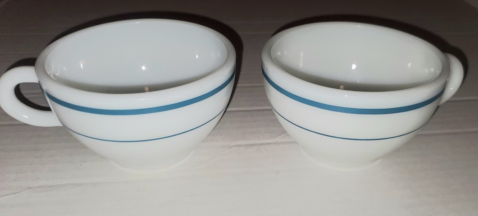 2pc Set VTG Pyrex White Milk Blue Striped Glass Coffee Cups Restaurant ...