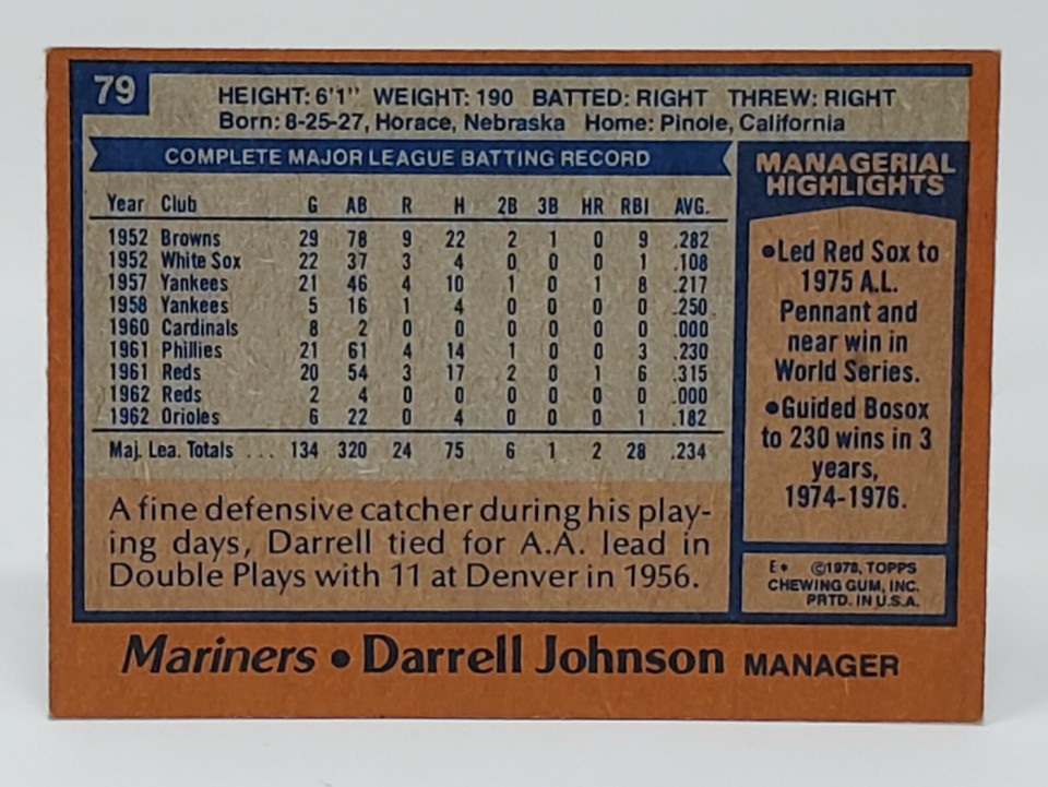 1978 Topps #79 Darrell Johnson Mariners- manager | eBay