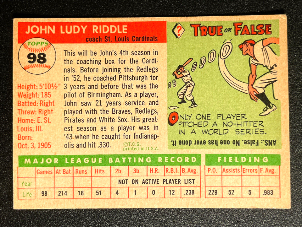 1955 Topps #98 Johnny Riddle, EX. St. Louis Cardinals | eBay