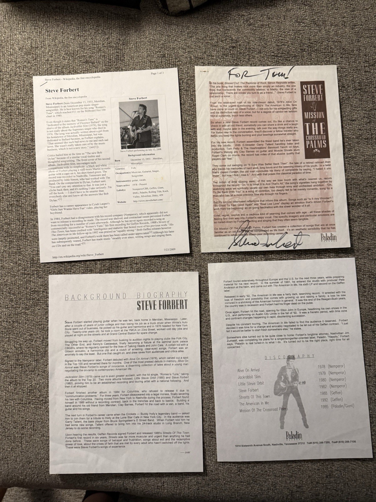 Steve Forbert Biography Papers 1 Page Signed By Steve Forbert.Small Staple Holes | eBay