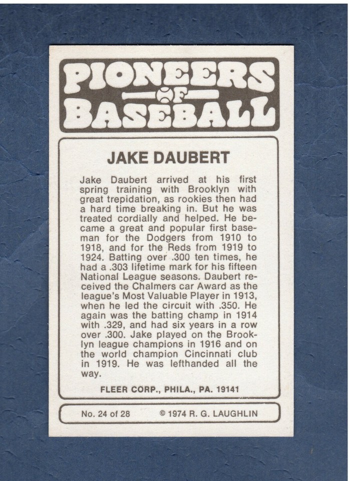 Pioneers of Baseball: #24 JAKE DAUBERT, Dodgers ~ 1974 Fleer/R.G ...