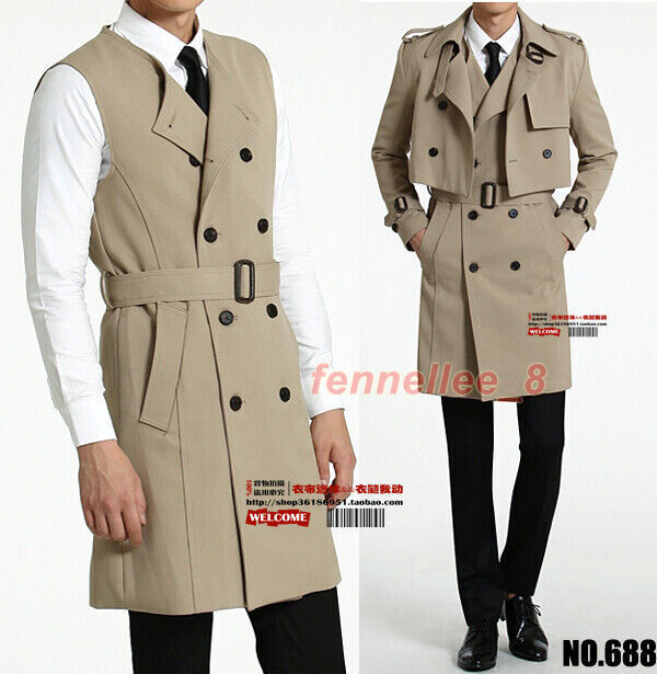 Fashion Mens Two-piece Coat Windbreaker Trench Coat Long Vest Formal ...