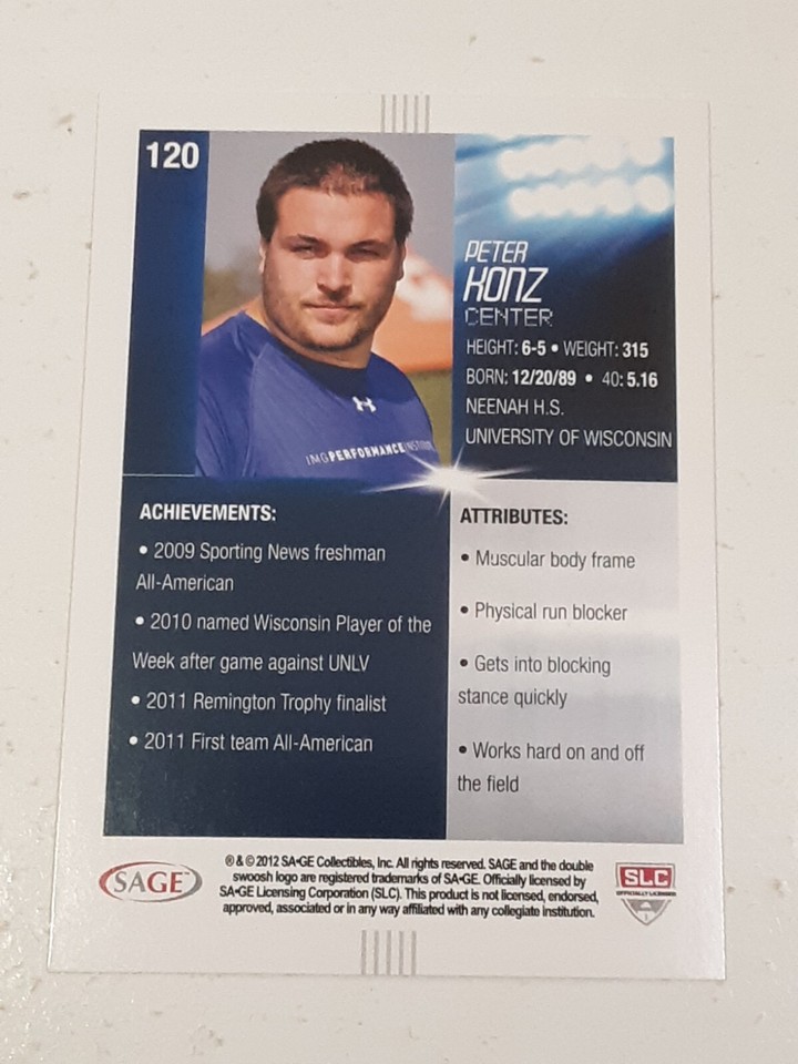 Peter Konz Wisconsin Badgers Atlanta Falcons 2012 Sage Hit Rookie Card ...