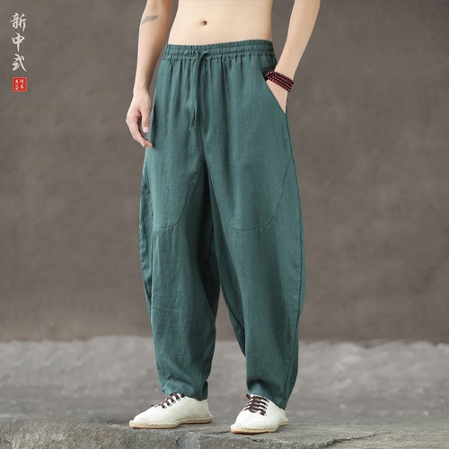 Chinese-style Breathable 100% Pure Linen Loose Casual Pant Men Large ...