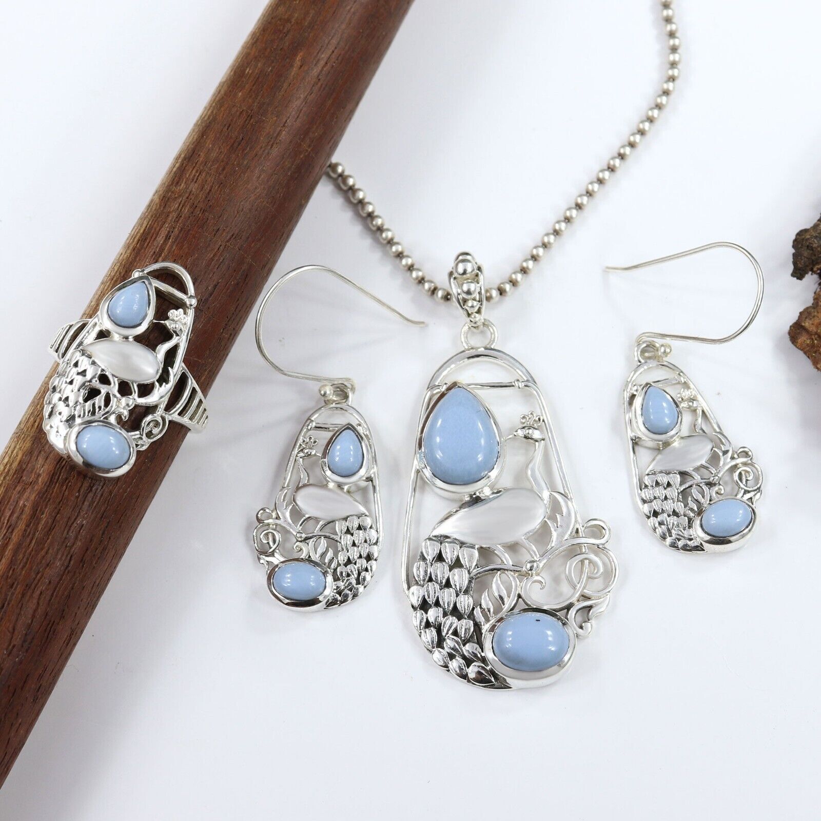 Natural Blue Opal Gemstone Pendant Set Peacock Charm 925 Silver Jewelry ...