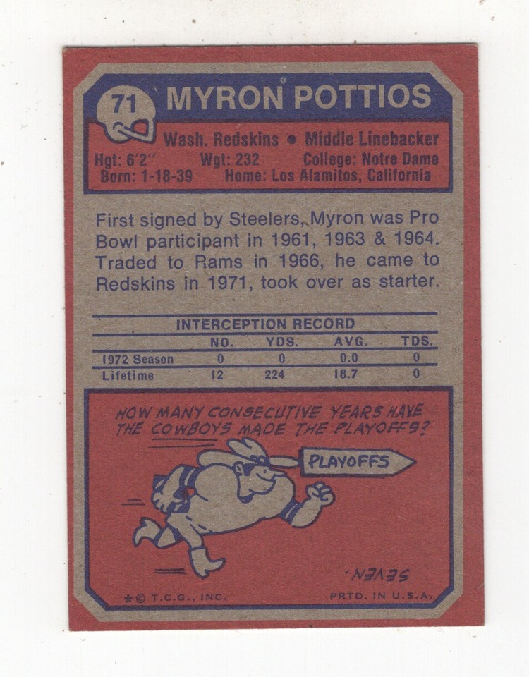 1973 TOPPS FOOTBALL MYRON POTTIOS WASHINGTON REDSKINS #71 | eBay