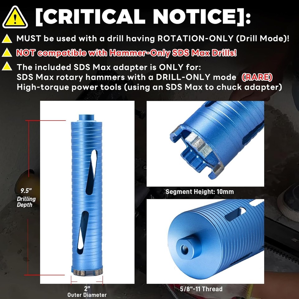 2" Dry Core Drill Bit for Brick and Block with 3 Adapters Included: 2 ...
