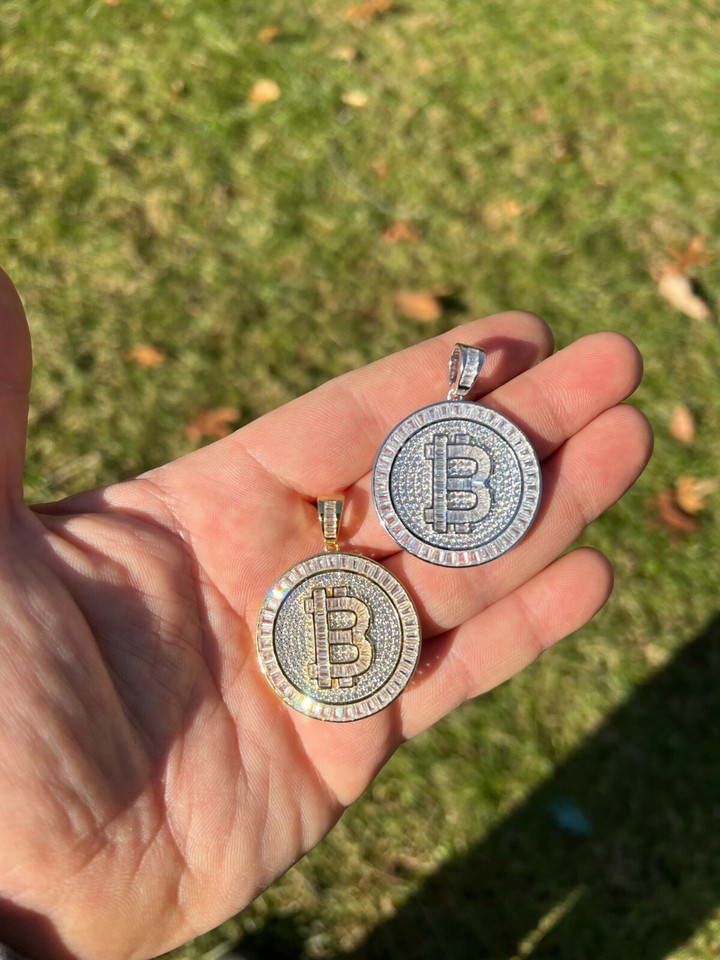 Solid 925 Silver 14K Gold Plated Bling Out BITCOIN CZ Hip Hop Pendant ...