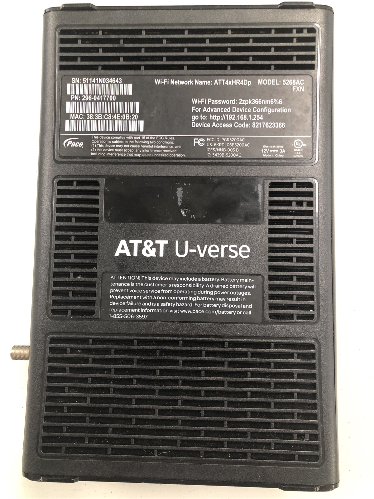 AT&T U-VERSE 5268AC FXN Gateway Wireless Internet Router Modem And ...