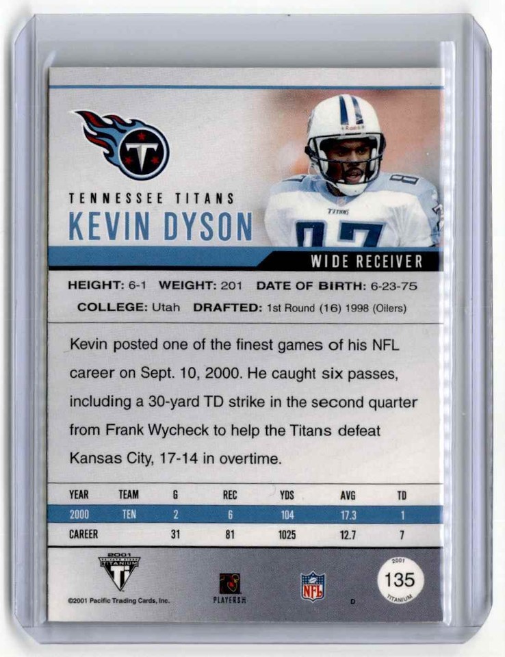 2001 Pacific Titanium Red 1st Made Kevin Dyson 01/58 Tennessee Titans ...