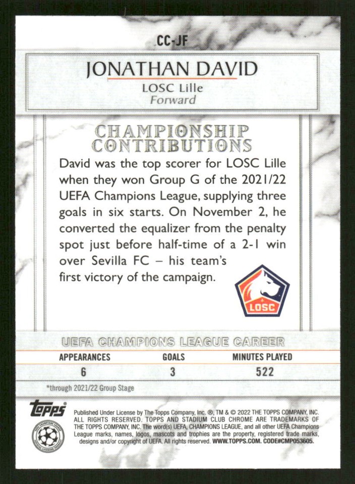 2021-22 Stadium Club Chrome Jonathan David Championship Contributions ...