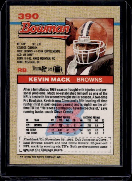 1992 Bowman #390 Autographed Kevin Mack Trading Card | eBay