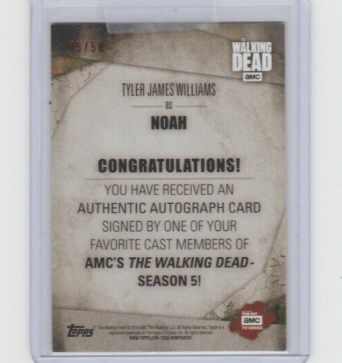 WALKING DEAD SEASON 5 TYLER JAMES WILLIAMS/NOAH AUTOGRAPH CARD #/50 ...
