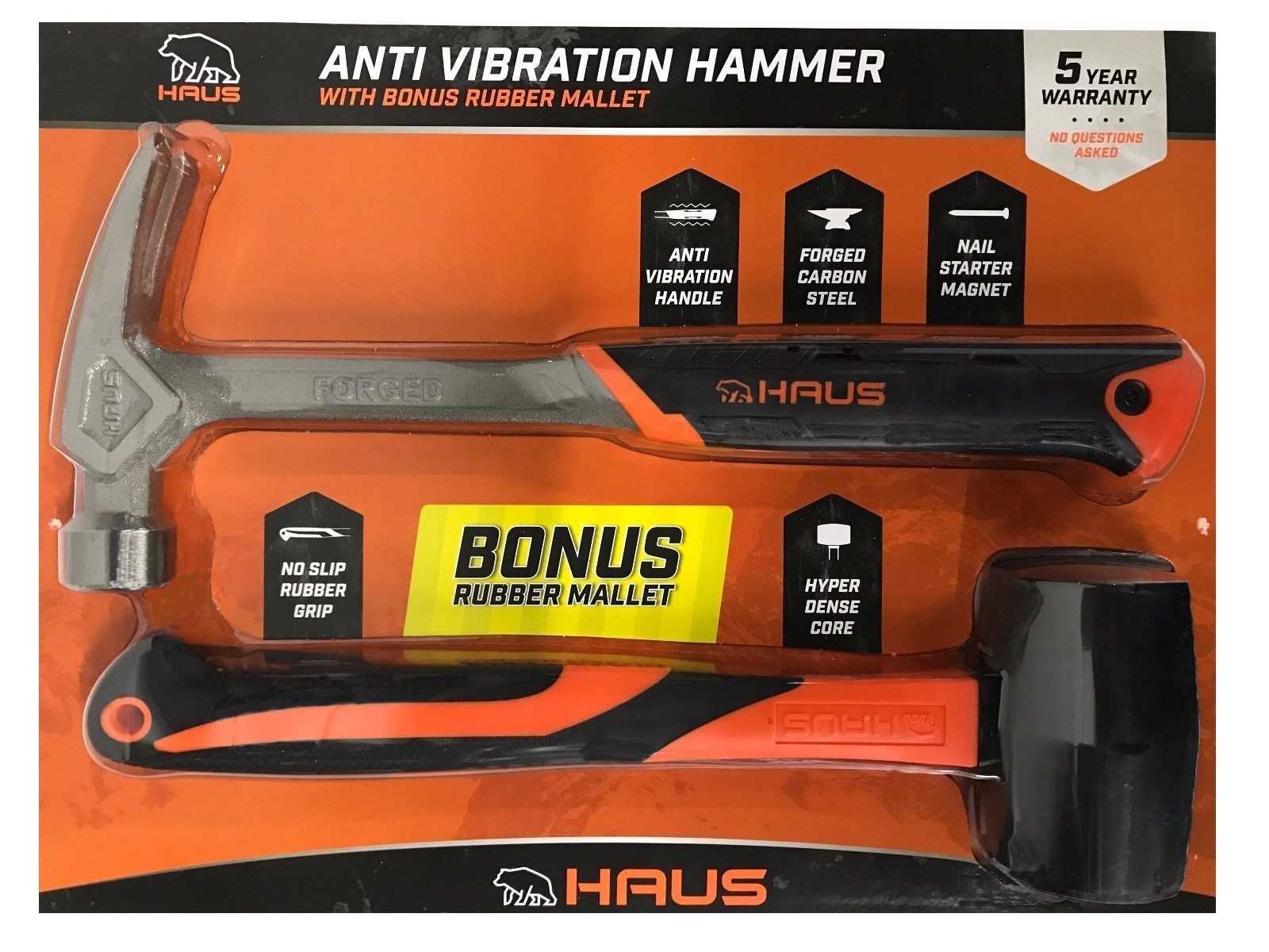Haus Anti Vibration Hammer w/ Bonus Rubber Mallet Shock Absorbing ...