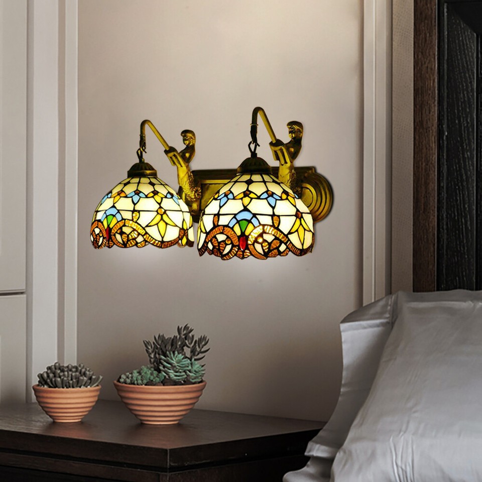 2 Light Tiffany Mermaid Vanity Fixture Wall Light Stained Glass Wall ...
