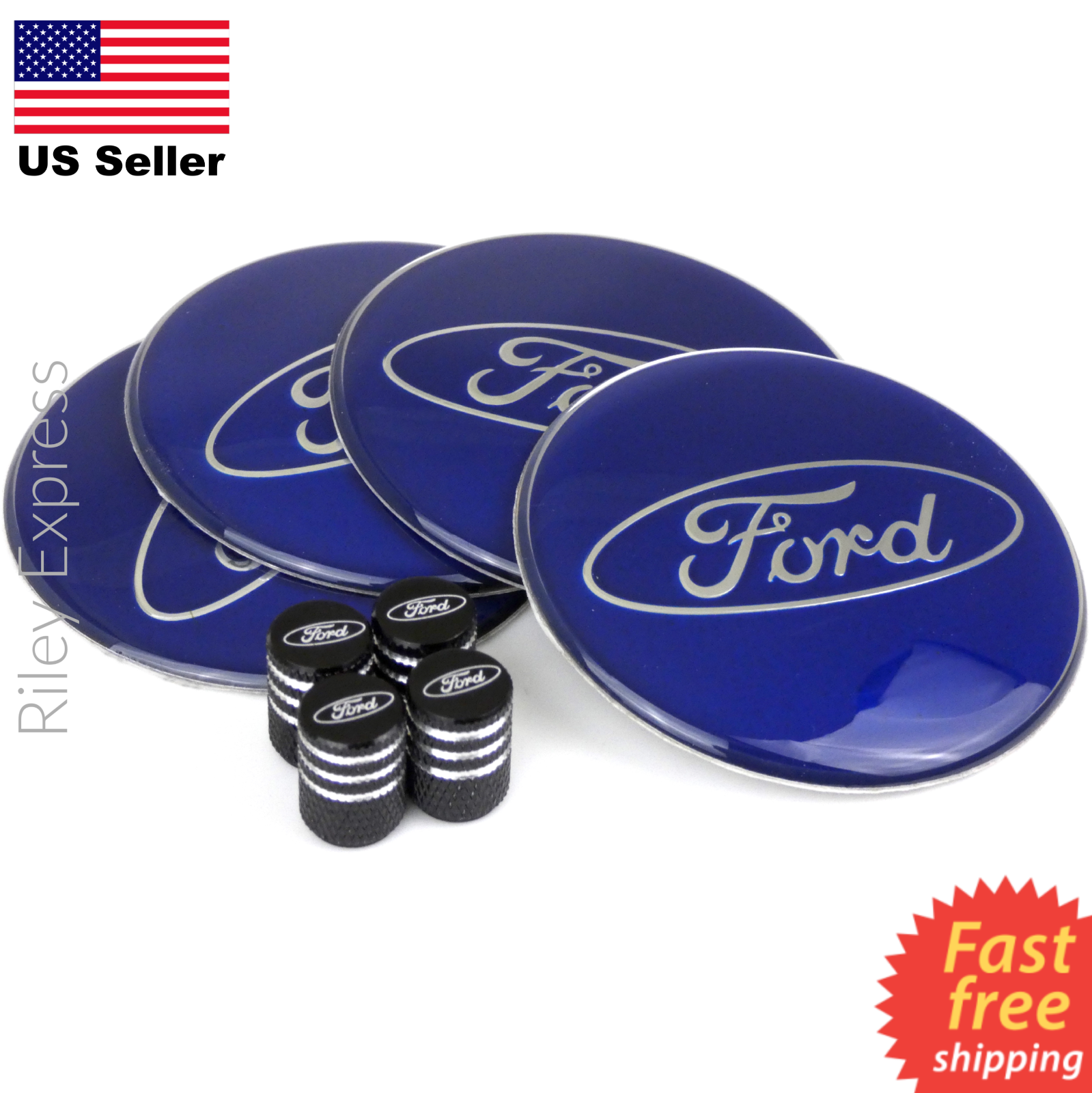 Blue FORD Wheel Center Cap Sticker Decals 2.55" & Black FORD Tire Valve ...